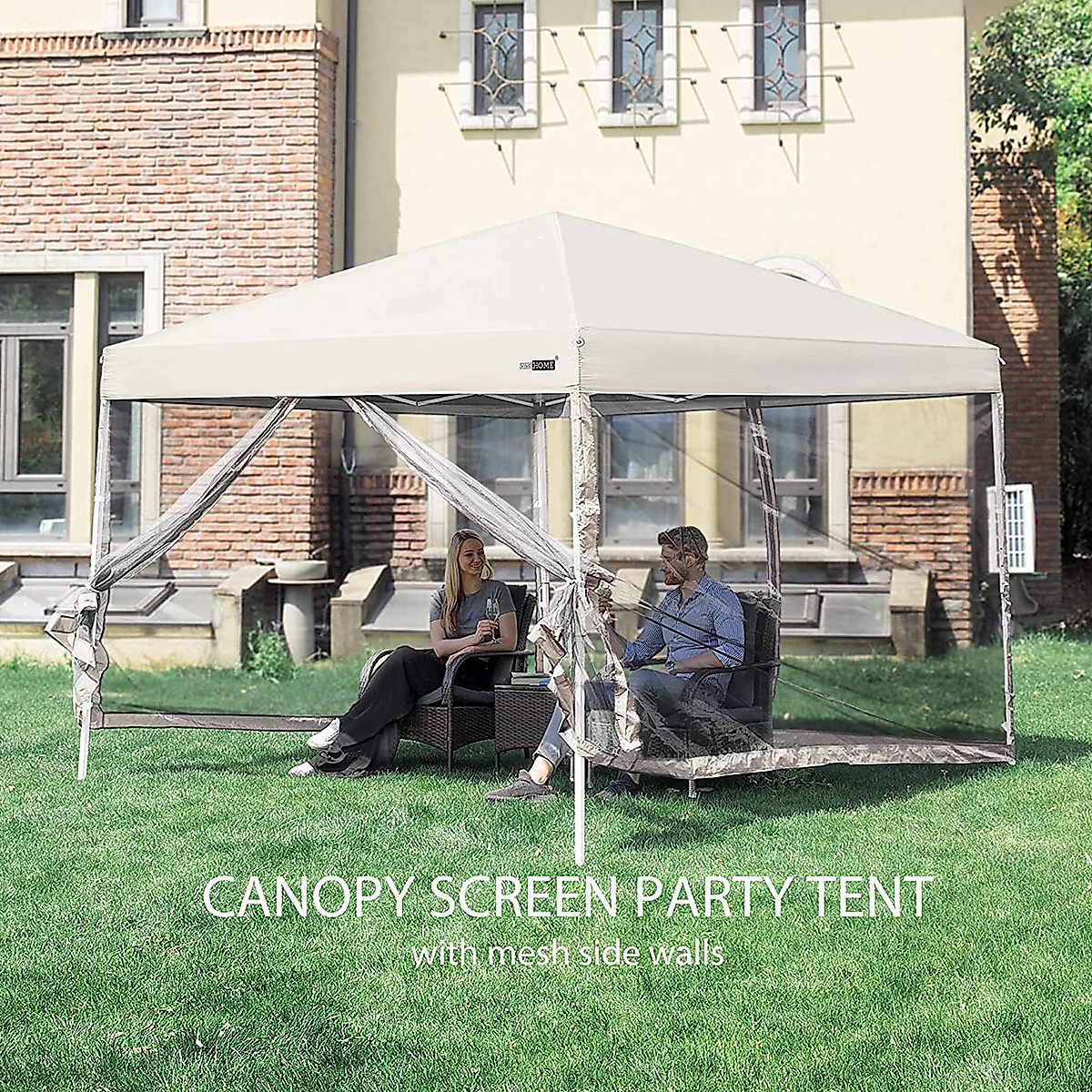 VIVOHOME 10x10ft Easy Pop-Up Canopy, Outdoor Screen Tent with Mesh Mosquito Netting Side Walls for Camping Picnic Party Deck Yard Events, Beige