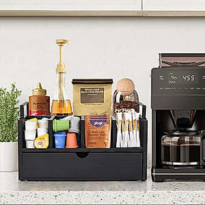 Coffee Bar Organizer for Countertop, Wood Coffee Station Organizer with Drawer, K Cup Organizer Coffee Pods Holder with Handle, Rustic Coffee Bar Accessories Condiment Organizer for Coffee Bar Decor
