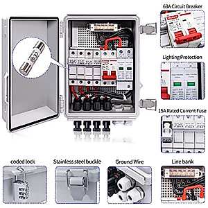 Taiss 4 String PV Combiner Box Solar Combiner Box with 63A Circuit Breaker and 15A Rated Current Fuse & Lightning Arreste Solar Connectors,IP65 Waterproof for On/Off Grid Solar Panel System