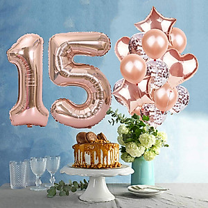 Ceqiny 40" 15th Number Balloon Mylar Balloon 18” Star Heart Foil Balloon 12” Sequins Latex Balloon for Birthday Party Wedding Bridal Shower Photo Shoot Anniversary Decor, Rose Gold 15 Balloon Kit