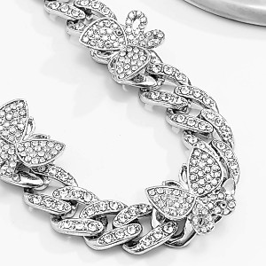Ingemark Shiny Rhinestone Butterfly Anklet Hip Hop Cuban Link Ankle Chain Bracelet for Women Cute Fashion Music Party Rave Anklet Jewelry (#3 Silver)