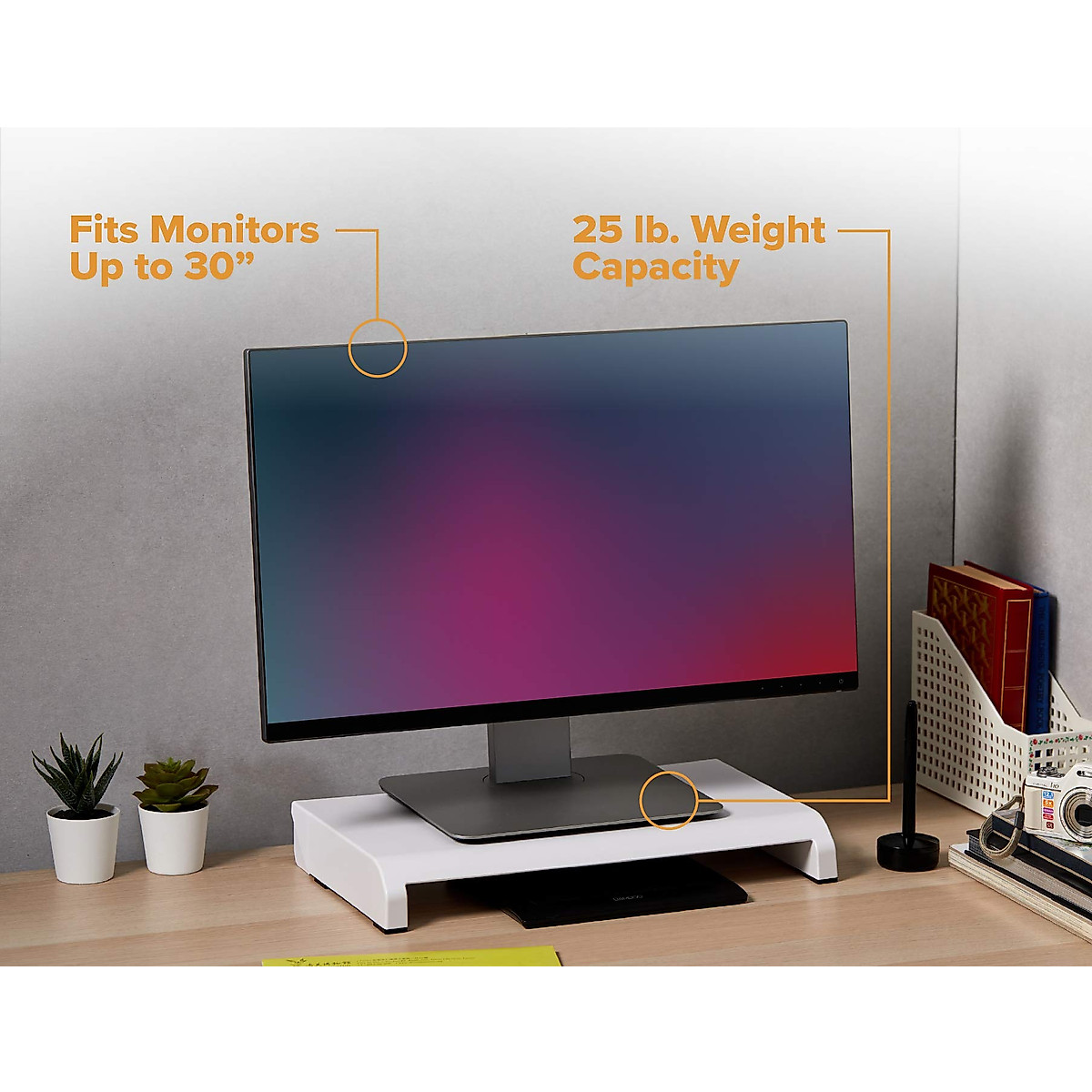 Bostitch Office Konnect Adjustable Monitor Stand Riser, 4 Height Adjustments, Built-In Cable Management, Rubber Feet - White