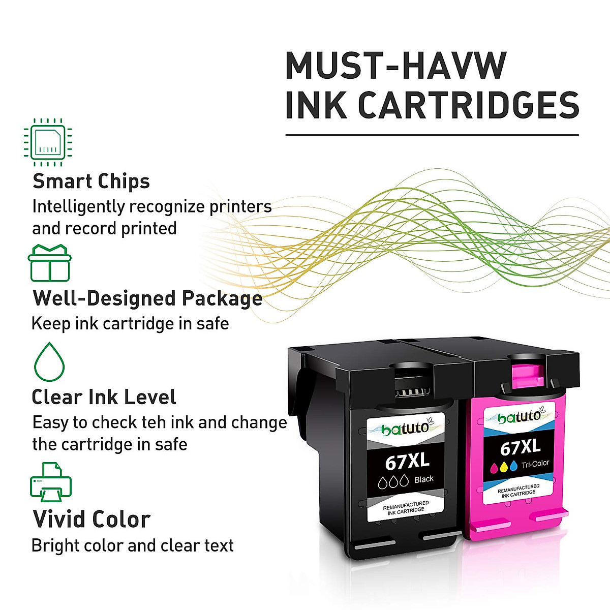 batuto Remanufactured Inkjet for HP 67 3YM59A 3YM58A (Black Tri-Color 2 Pack) Replacement for HP Envy Pro 6452, 6455, 6458, HP DeskJet 1255, 2732, 2752, 2755, HP DeskJet Plus 4140, 4152