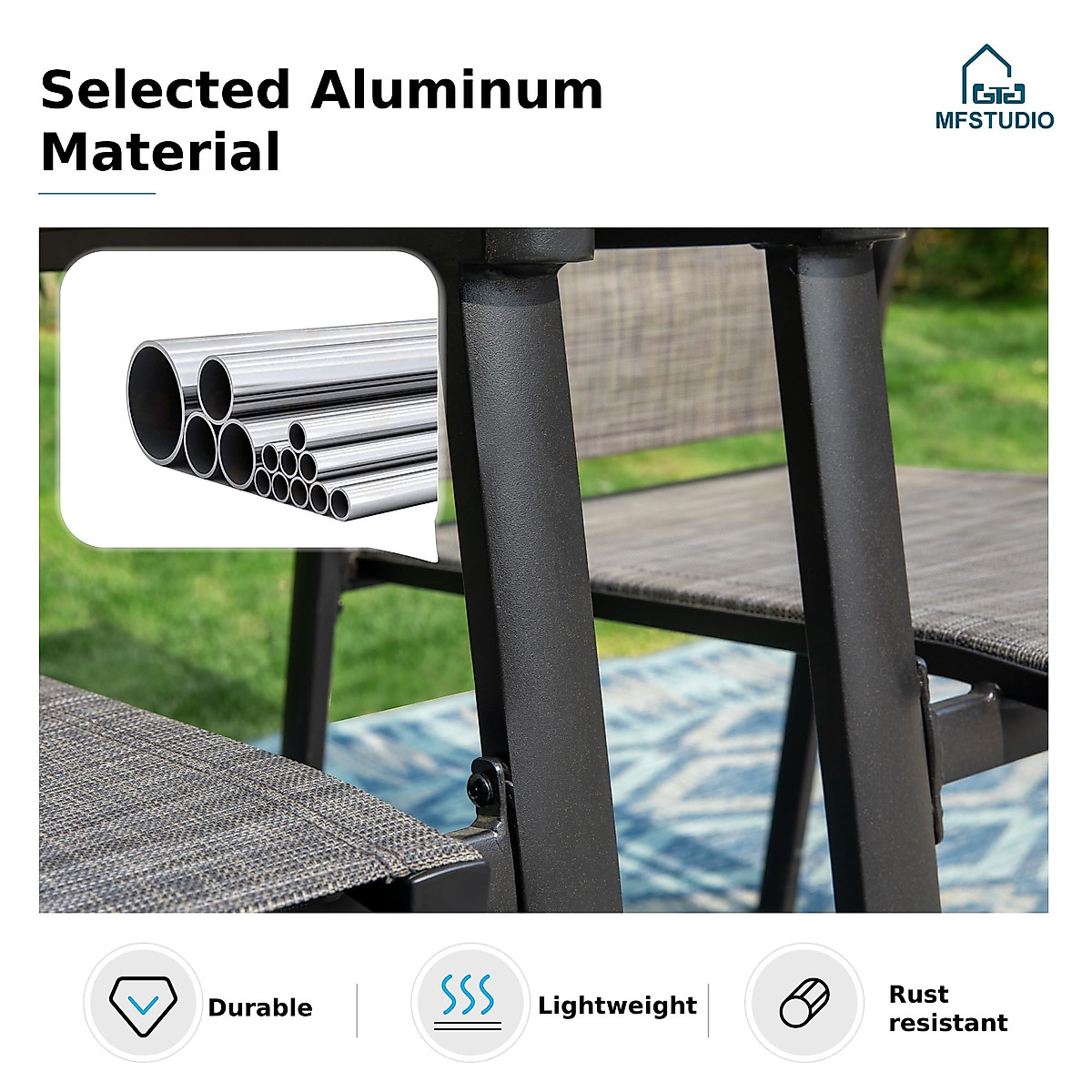 MFSTUDIO Outdoor Patio Dining Chairs, 2 PCS Aluminum Patio Dining Sling Chair, Patio Chairs with Wood-Like Armrest & Wider Seat for Deck Backyard Garden, Grey