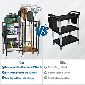 SHINOSKE Garden Tool Organizer with 3-Tier Shelves,Garden Tool Storage Rack with Wheels,Yard Tool Rack for Garage Organization and Storage,Hold Long-Handled Tool,Broom,Rake,3Hooks,Shed,Outdoor