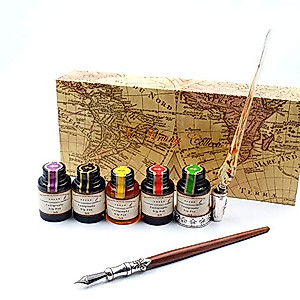 GC QUILL MU-02 Calligraphy Pen Set, Glass Dip Pen and Handcrafted Wooden Dip Pen Gift Set with 5 Colors Calligraphy Ink 6 Nibs 1 Pen Holder, Calligraphy Set for Beginners