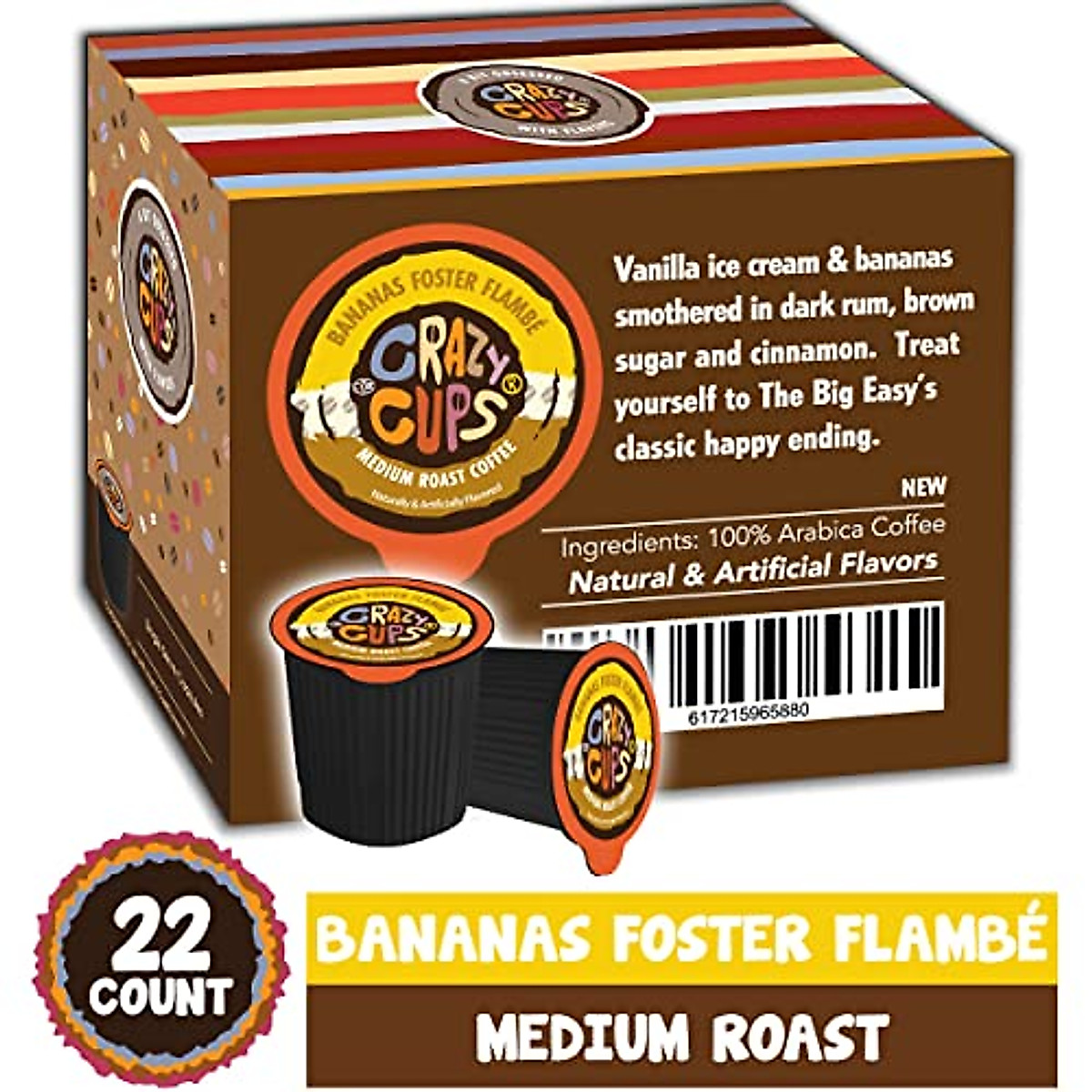 Crazy Cups Flavored Coffee for Keurig K-Cup Machines, Bananas Foster Flambe', Hot or Iced Drinks, 22 Single Serve, Recyclable Pods