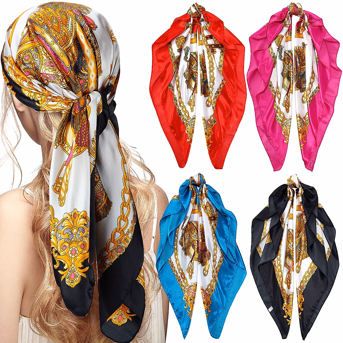 Honoson 4 Pieces 35 Inch Satin Head Scarves Large Square Silky Feeling Headband Satin Boho Hair Bandanas for Women Girls (Stylish Series)