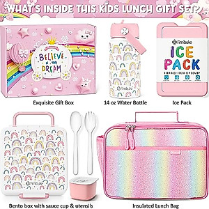 Fimibuke Kids Bento Lunch Box with 4 Compartments, Insulated lunch Bag, Stainless Steel Insulated Water Bottle, Ice Pack & Utensils, Birthday Gifts for Ages 3-12 Back to School Toddler Girls Boys