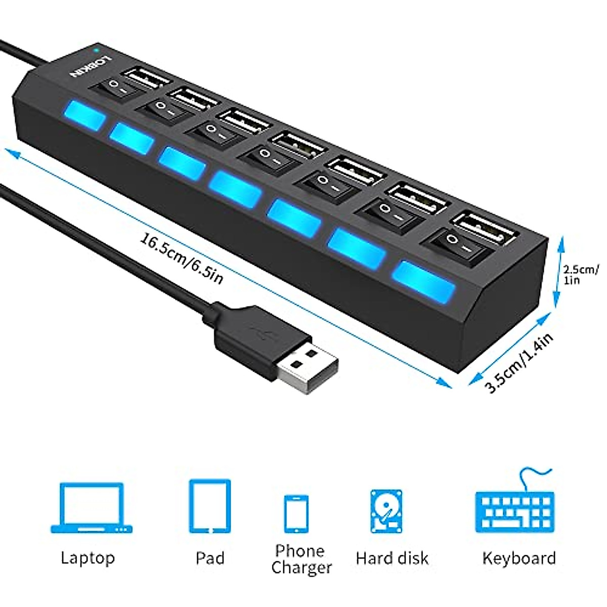 USB Hub Multi Port Splitter - LOBKIN 7 Port Data Hub USB 2.0 with Individual On/Off Switch and LED Lights Portable Desktop USB Hub Extender Ports for Laptop Computer PC MacBook