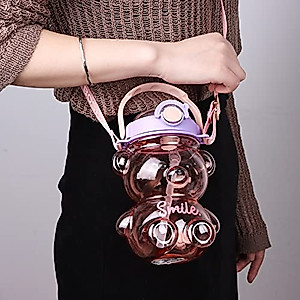AZLNRMU Kawaii Bear Straw Bottle, Large capacity bear water bottle with Strap and Straw, Cute Portable Bear shaped water Bottle Adjustable Removable Strap for outdoor and school activities(pink)