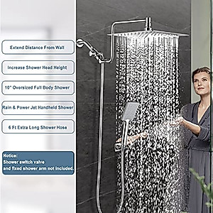 10" Rainfall Shower Head with Handheld Combo High Pressure, Upgrade 12" Extension Arm Height Adjustable, Powerful Stainless Steel Shower Head Brass Shower Holder Extra Long Shower Hose, Brushed Nickel