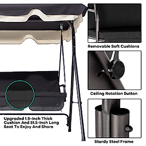 Fundouns 2-Person Patio Porch Swing Chair, Outdoor Canopy Hanging Swing Lounge Chair Adjustable Shade, Removable Cushions- Black and Beige