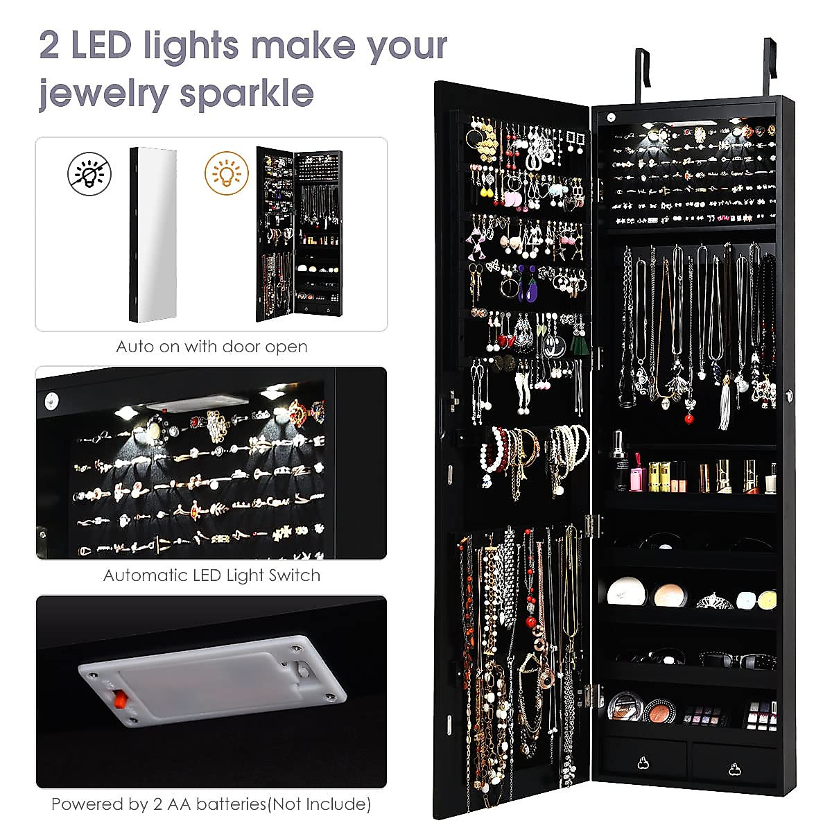 Giantex Wall Door Mounted Jewelry Armoire Cabinet with 47.5" H Full Length Mirror, 2 LEDs Lockable Jewelry Organizer Box with Bracelet Rod, 2 Drawers, Large Storage Capacity (Black)