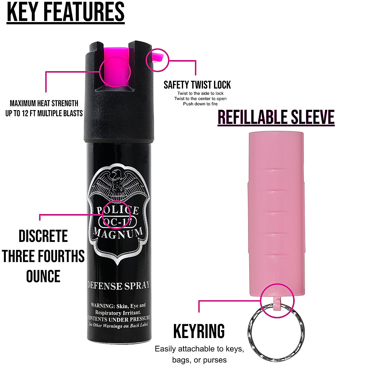 Police Magnum Pepper Spray Self Defense- Mini Pocket Safety Tool- Strong Keyring Holder- Made in The USA- 1 Pack 3/4oz Twist Lock Pink Sleeve Keyring