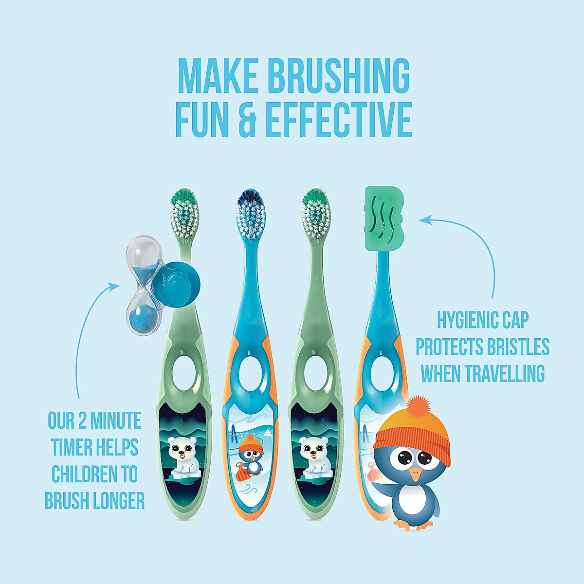 Jordan* Step 2 Kids Toothbrush, 3-5 Years, Soft Bristles, BPA Free (4 Pack) Blue & Green
