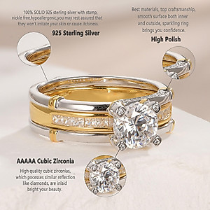 Newshe 1.9CT Sterling Silver Wedding Ring Set for Women Engagement Rings Promise Bridal Anniversary Wedding Band Round Cut 5A CZ Yellow Gold Size 9