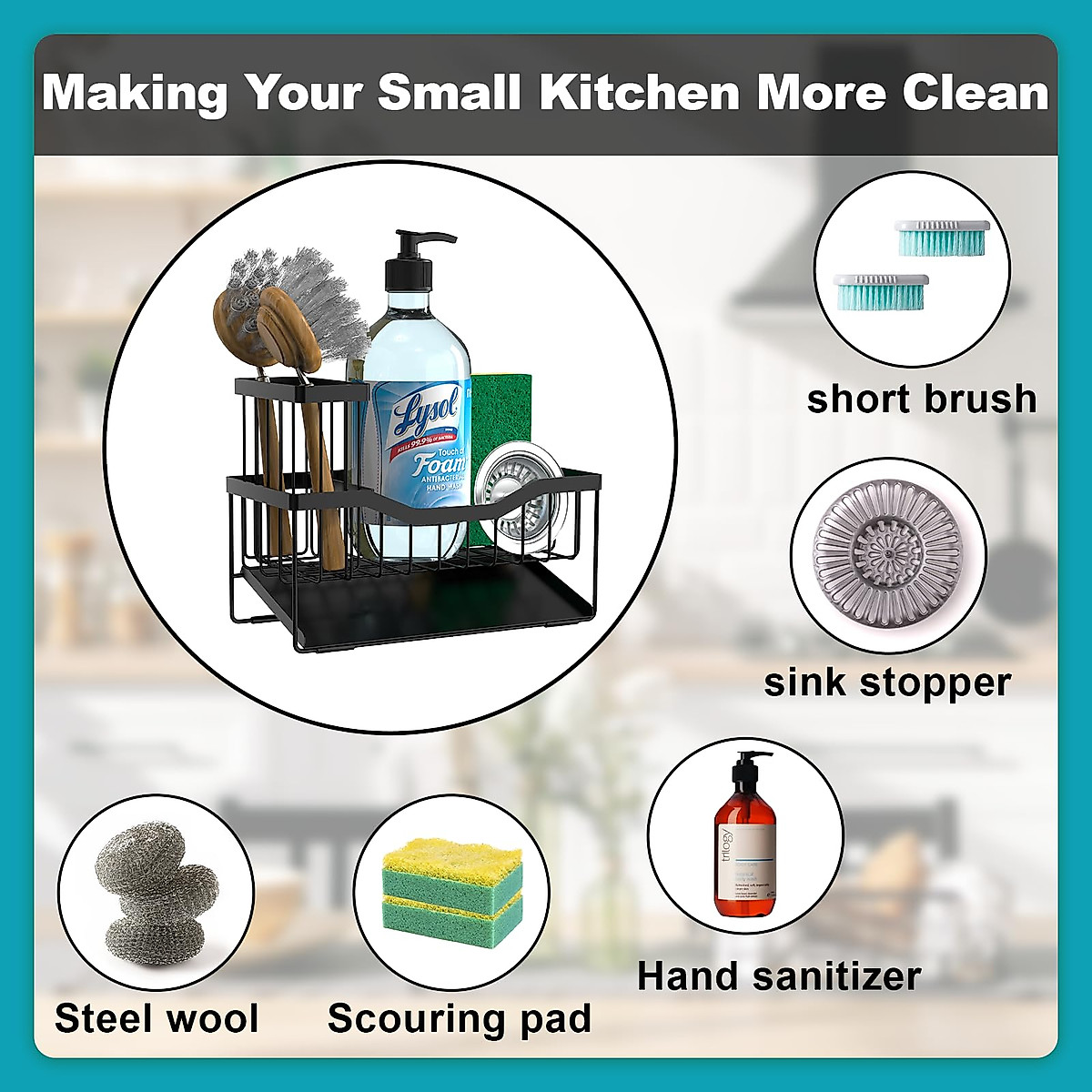 Multifunctional Sponge Holder for Kitchen Sink with High Brush Rack, Sink Caddy with Self Drain Tray, Kitchen Sink Organizer Sponge Caddy for Storage Dish Soap Dispenser - Kitchen Gadgets Accessories