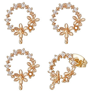 Beebeecraft 1 Box 10Pcs Flower Stud Earring Findings 18K Gold Plated Cubic Zirconia Crystal Ring Oval Circle Earrings Studs with Dangle Loop and Ear Nuts for Earring Making Findings Hole 0.8mm