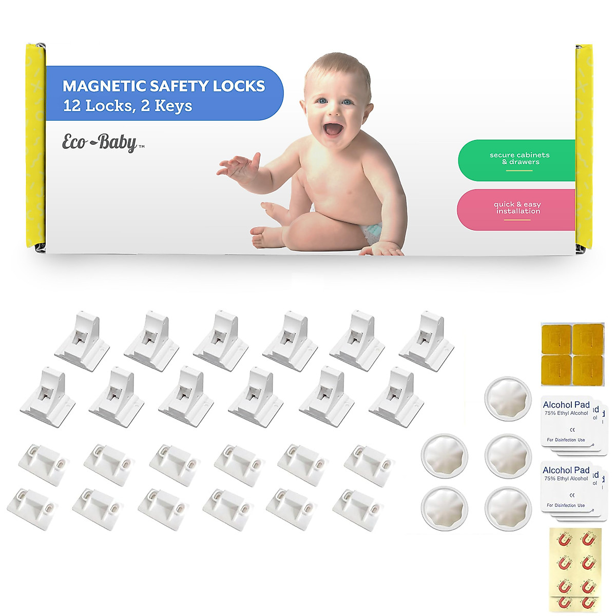 Eco-Baby Magnetic Cabinet Locks (20 Locks & 3 Keys) and Two Pack Replacement Magnetic Key Bundle Child Safety for Drawers and Cabinets - Kitchen Child Proof Cabinet Locks - Baby Proofing Safety