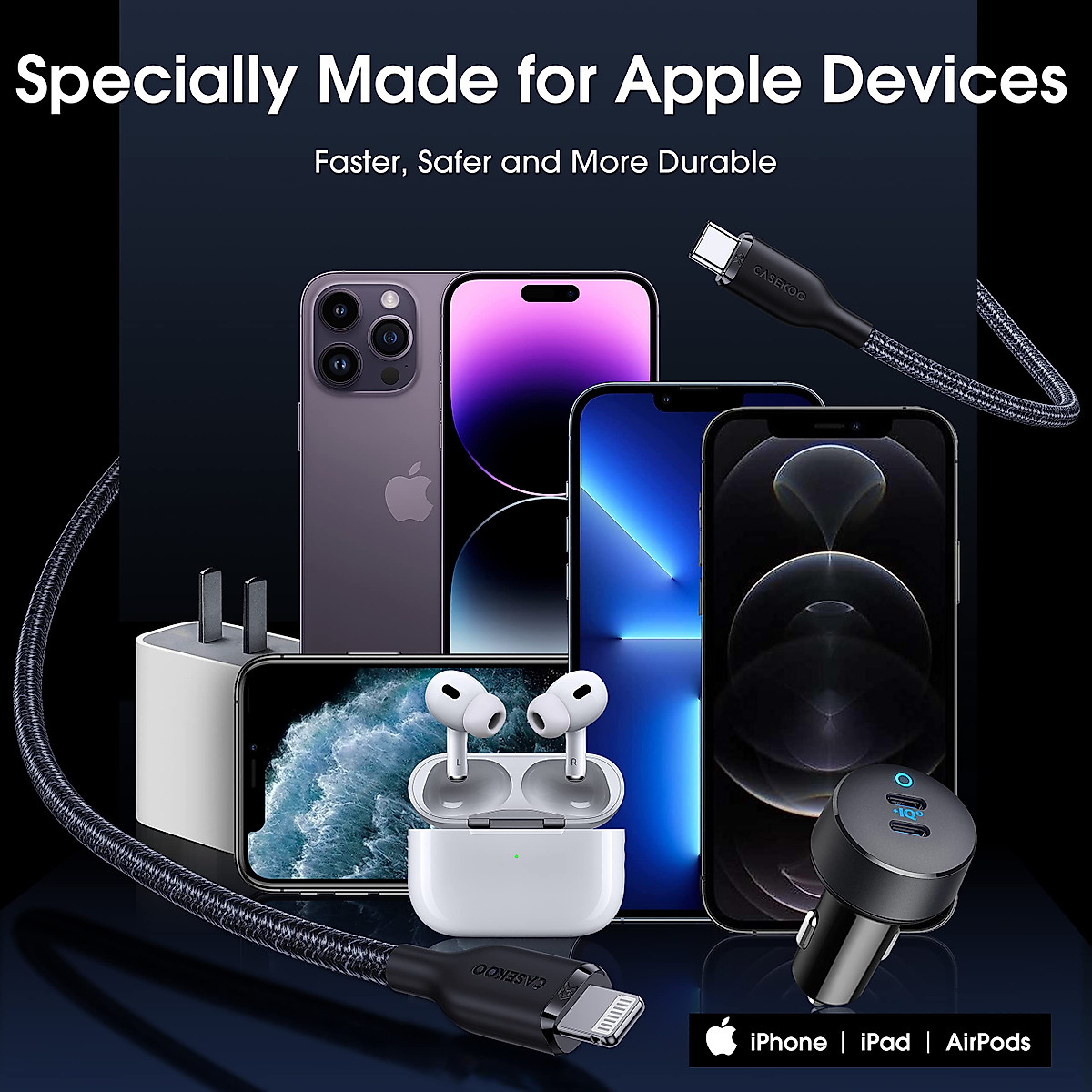 CASEKOO 2023 Upgrade [Fastest and Safest Charging] [Never Break] Apple MFi Certified iPhone Charger Cord 6 FT, Nylon Braid USB C Cable Lightning Cable for iPhone 14/13/12 Pro Max