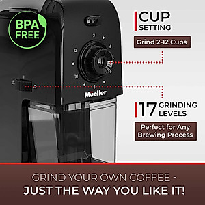 Mueller SuperGrind Burr Coffee Grinder Electric with Removable Burr Grinder Part - 12 Cups of Coffee, 17 Grind Settings with 5,8oz/164g Coffee Bean Hopper Capacity, Matte Black