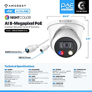 Amcrest UltraHD 4K (8MP) IP POE AI Camera, 4K @30fps, 98ft Night Color Vision F1.0, Security Outdoor Turret Camera, Vehicle & Human Detection, Active Deterrents, Built in Microphone, IP8M-DT3949EW-3AI