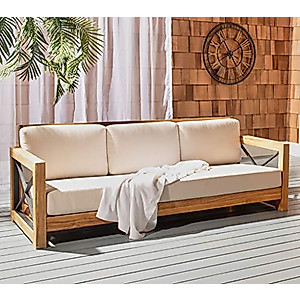 Safavieh CPT1010A Couture Curacao Brazilian Teak Outdoor 3-Seat Patio Sofa, Natural/White