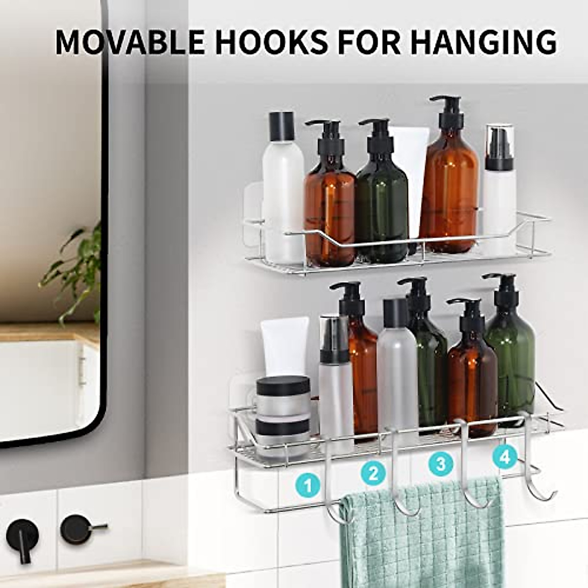 Go Green Tableware GOGN Shower Caddy Shelf with 4 Hooks,Adhesive Shower Organizer for Bathroom Storage,304 Stainless Steel,No Drilling and Wall Mounted,2 Pack (Silver)