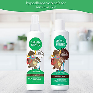 Fresh Monster Hair Detangler Spray & 2-in-1 Shampoo & Conditioner, Coconut, Toxin-Free, Hypoallergenic & Natural (8.5 oz each)