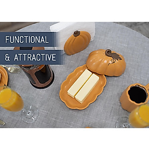 Nat & Jules Pumpkin Shaped 8 x 6 Inch Ceramic Scalloped Covered Lid Butter Dish: Perfect for decorating table settings for Thanksgiving, Halloween & Indoor Fall Décor, Orange