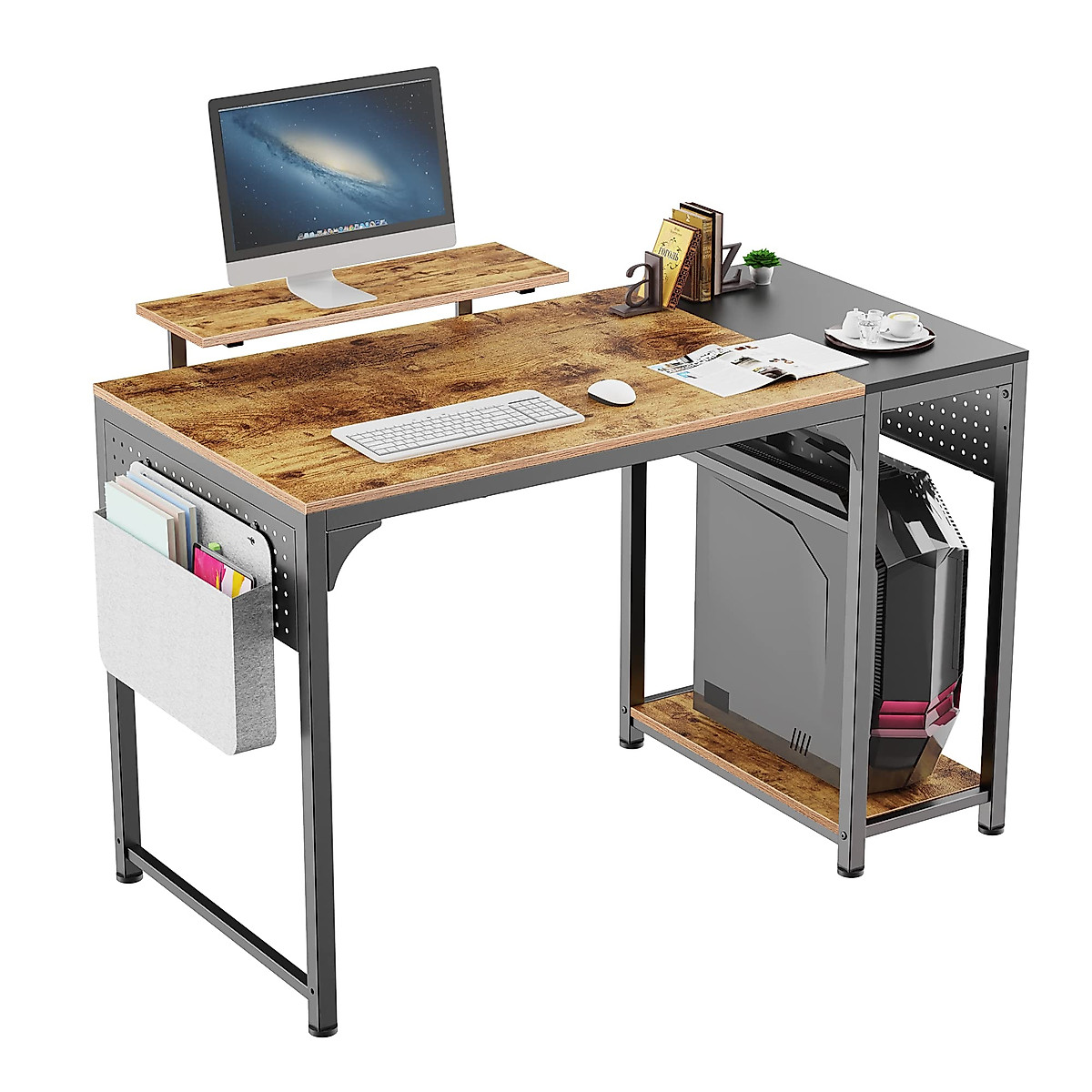 DESIGNA 55 Inch Home Office Computer Desk with Monitor Stand Storage Shelves, Study Writing Moder PC Computer Gaming Desk Large Workstation with 2 Hooks & Storage Bag, Reclaimed Wood/Black