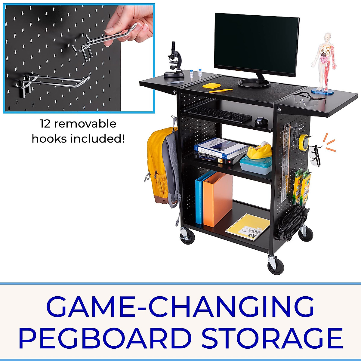 Line Leader Stellar AV Cart | Reimagine Your Teacher Cart with Revolutionary Pegboard Siding & 12 Movable Hooks for Customizable Storage | UL Safety Certified Cart | Keyboard Tray & Drop Leaf Shelving