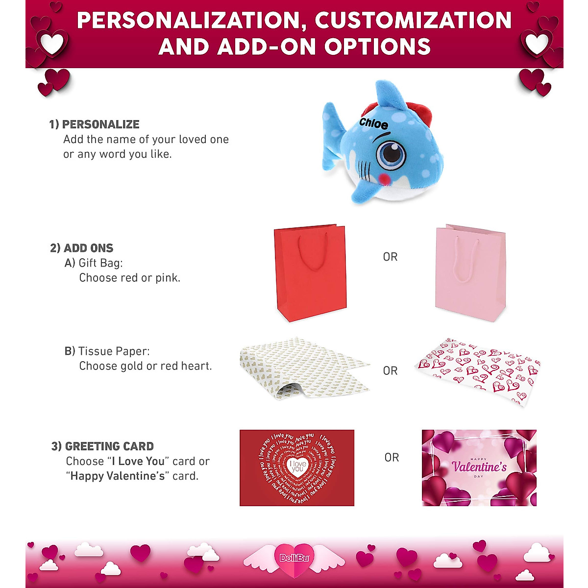 DolliBu I Love You Valentine Plush Blue Shark - Cute Shark Stuffed Animal with I Love You Plush Red Heart and Name Personalization Shark Gift for Valentines Day, Birthday, Romantic Date, 5.5 Inches