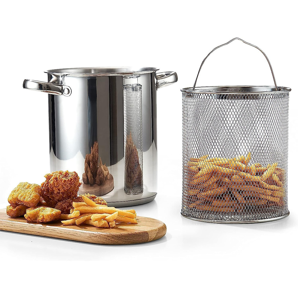 Cook N Home Deep Fryer Pot, Japanese Tempura Small Stainless Steel Deep Frying Pot, 304 Stainless Steel with Oil Drip Drainer Rack, Glass Lid, 6.3 inch/ 4Quart, for Kitchen French Fries, Chicken