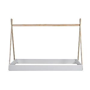 CABSETT Teepee Bed Frame for Kids, Twin Size Tent Floor Bed with Triangle Structure, Floor Platform Bed with X-Shaped Safety Railings, White+Natural