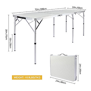 RedSwing Tri-fold 6ft Folding Table, Aluminum Outdoor Table with Adjustable Heights Legs, Portable Lightweight Camping Table for Picnic, Party, Beach, 72"x24", White