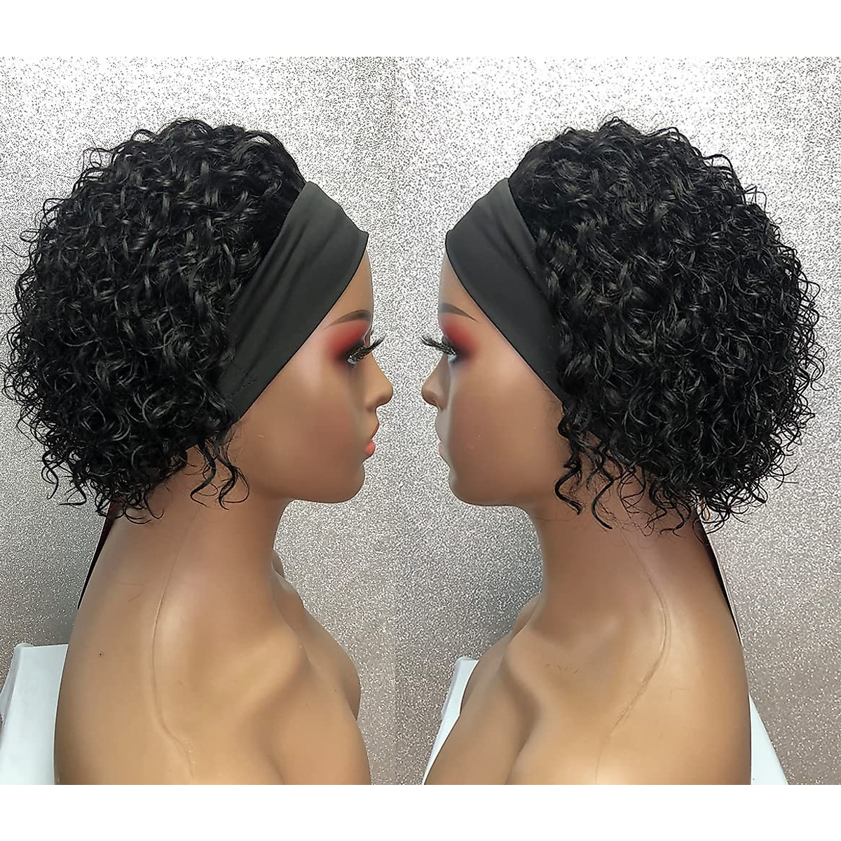 SWEETGIRL Curly Headband Wig Human Hair Wigs for Women Short Curly Bob Headband Wigs Ready to Wear and Go Glueless Wigs Curly Pixie Cut Half Wig 150% Density Natural Black 6 Inch