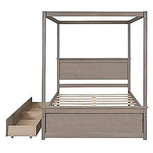 SIYSNKSI Modern Full Size Canopy Platform Bed with 2 Drawers, Wood Canopy Platform Bed with Support Slat, 4-Post Canopy Platform Bed Frame for Kids Teens Adult (Brushed Light Brown-2 Drawers)