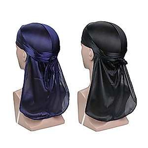 Silky Satin Durags for Men Designer Long Tail Beanies Doo Rags Caps Du-Rags for Women Silk Satin Tie Do Rags Cap for Waves 2 Pack