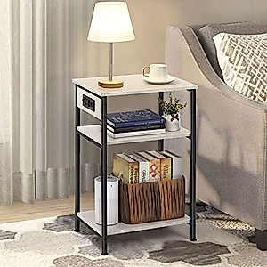 MOOACE Nightstand with Charging Station, Side End Table with USB Ports and Outlets, 3 Tier Side Table with Storage Shelf Modern Bedside Table for Bedroom Living Room, Grey