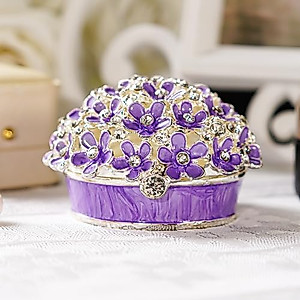 YU FENG 3inch Hinged Trinket Boxes Crystal Jeweled Enameled Purple Forget Me Not Flower Butterfly Trinket Jewelry Box for Women Girls