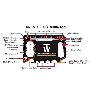 Tool Wrangler 46-in-1 EDC Credit Card Multitool - Gadget For The Wallet Or Pocket – STAINLESS STEEL - Outdoor Survival PSK - Patented Design - Multi-Function Tool For Quick Fixes - Black Edition