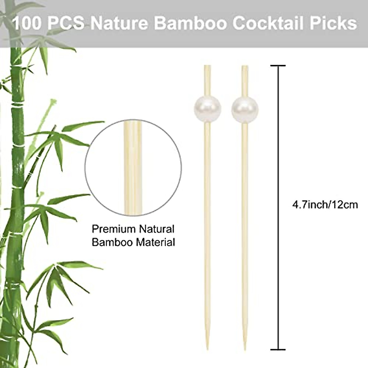 Elyum Cocktail Picks 100 PCS Toothpicks for Appetizers Bamboo Cocktail Skewers for Appetizers with White Pearls Food Picks for Party, Wedding, Dessert, Fruit (White, 4.7 Inch)