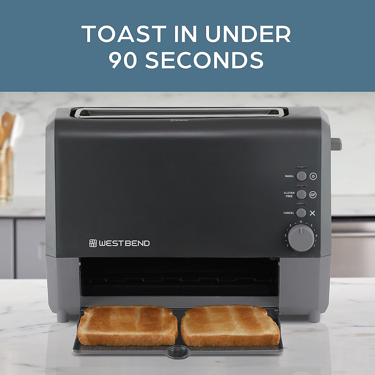 West Bend 77224 Toaster 2 Slice QuikServe Wide Slot Slide Through with Bagel and Gluten-Free Settings and Cool Touch Exterior Includes Removable Serving Tray, Black