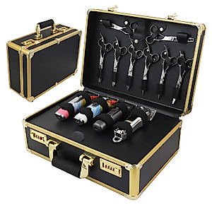 Kinglioncase Barber Case Clipper Bag Gold, Hair Kit Tool Box Aluminum Organizer with Portable Handle and Secure Numlock for Scissors, Clippers, Barber Supplies 15.7" x 12" x 6.1"