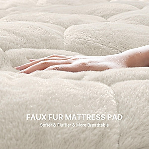 TEXSTEAD Queen Faux Fur Mattress Pad Quilted Fitted Mattress Protector, Fluffy Warm Soft Breathable Mattress Cover, Mattress Topper with 8-21" Deep Pocket (White)
