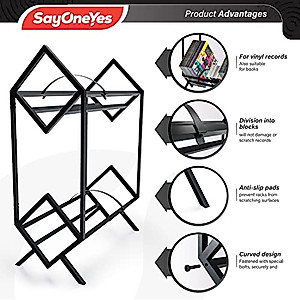 SAYONEYES Vinyl Record Storage – Mate Black Vinyl Record Holder 160 to 200 LP Capacity - Durable Metal Two Tier Record Holder for Albums, Books, Magazine and Office Files