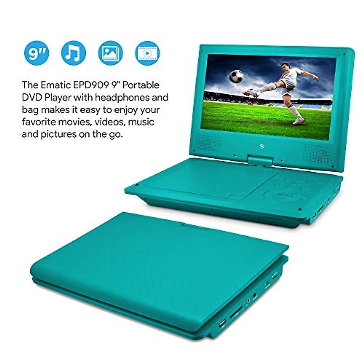 Ematic Portable DVD Player with 9-inch LDC Swivel Screen, Travel Bag and Headphones, Teal