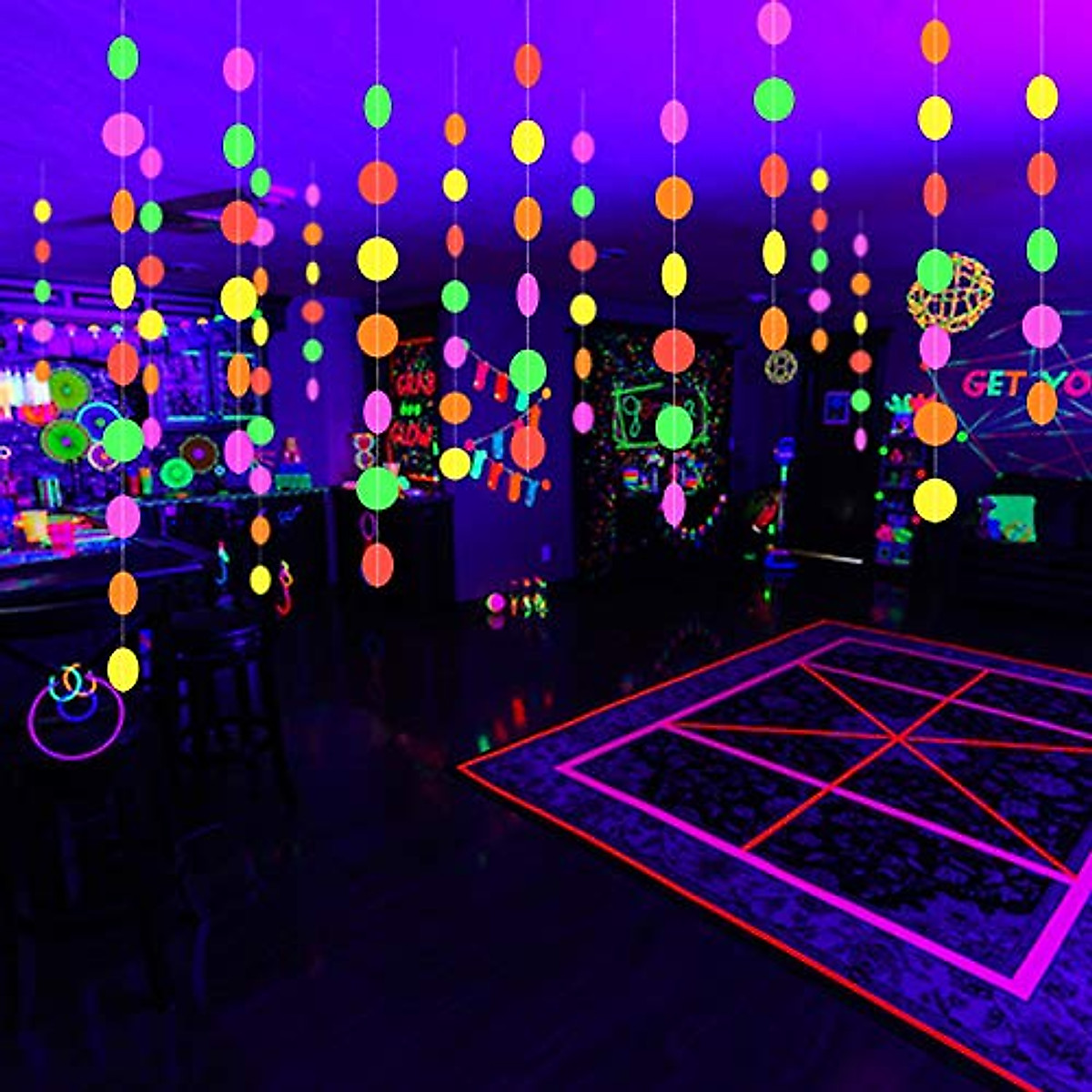 UNIIDECO Neon Paper Circles Garland Rave Black Light Birthday Decorations, Glow in The Dark Party Supplies, UV Blacklight Reactive Decoration Room Decor, Hanging Circle Dots Streamers Wall Backdrop